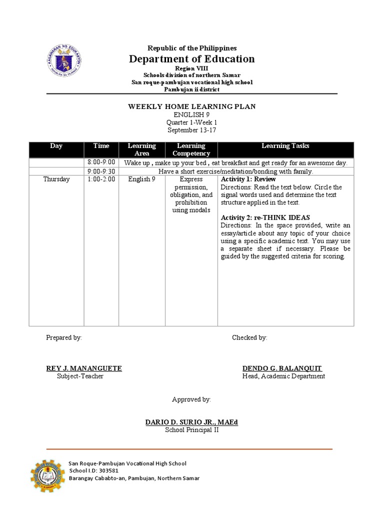 Weekly Home Learning Plan in EAPP | PDF | Cognition