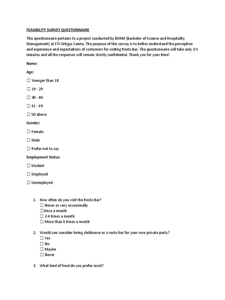 Feasibility Survey Questionnaire | PDF | Waiting Staff | Eating ...