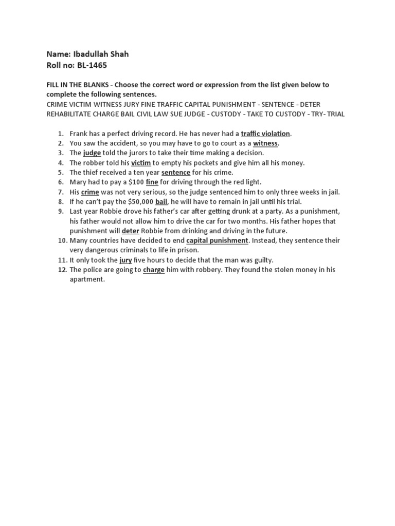 Legal Vocabulary Fill-in-the-Blanks Exercise | PDF