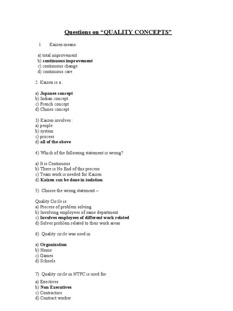 Quality Concepts Quiz Questions | PDF | Benchmarking | Six Sigma