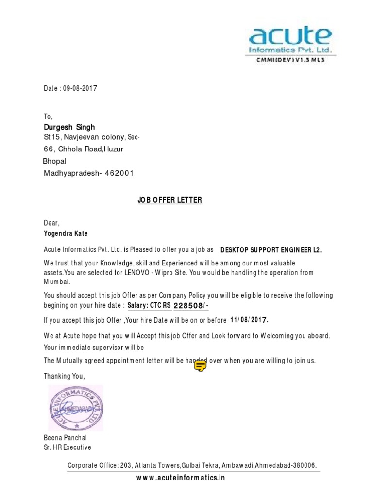 Job Offer Letter: Yogendra Kate | PDF