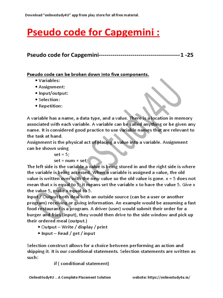 Pseudo Code Capgemini Comprehesnsive Material by OnlineStudy4U | PDF ...