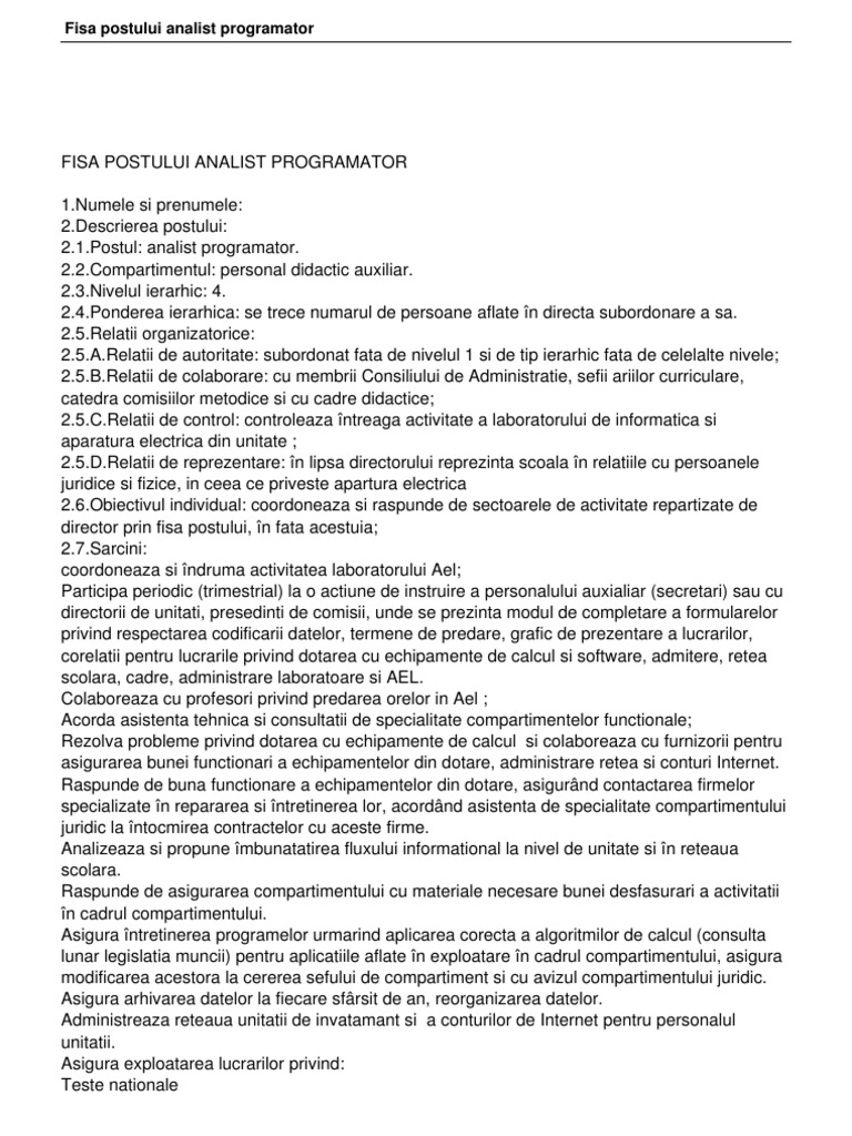 Fisa Postului Analist Programator | PDF