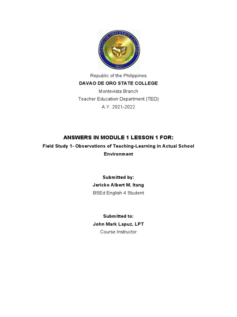 Answers in Module 1 Lesson 1 For:: Davao de Oro State College | PDF ...