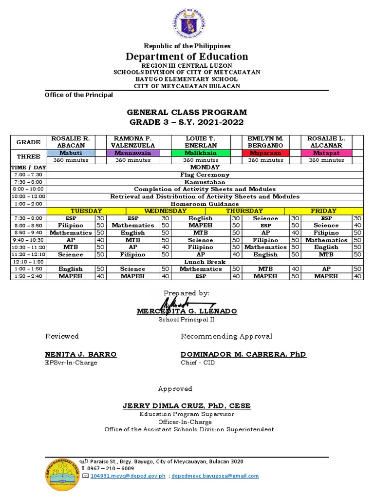 Grade 3 General Class Program Class Program Teachers Program | PDF ...