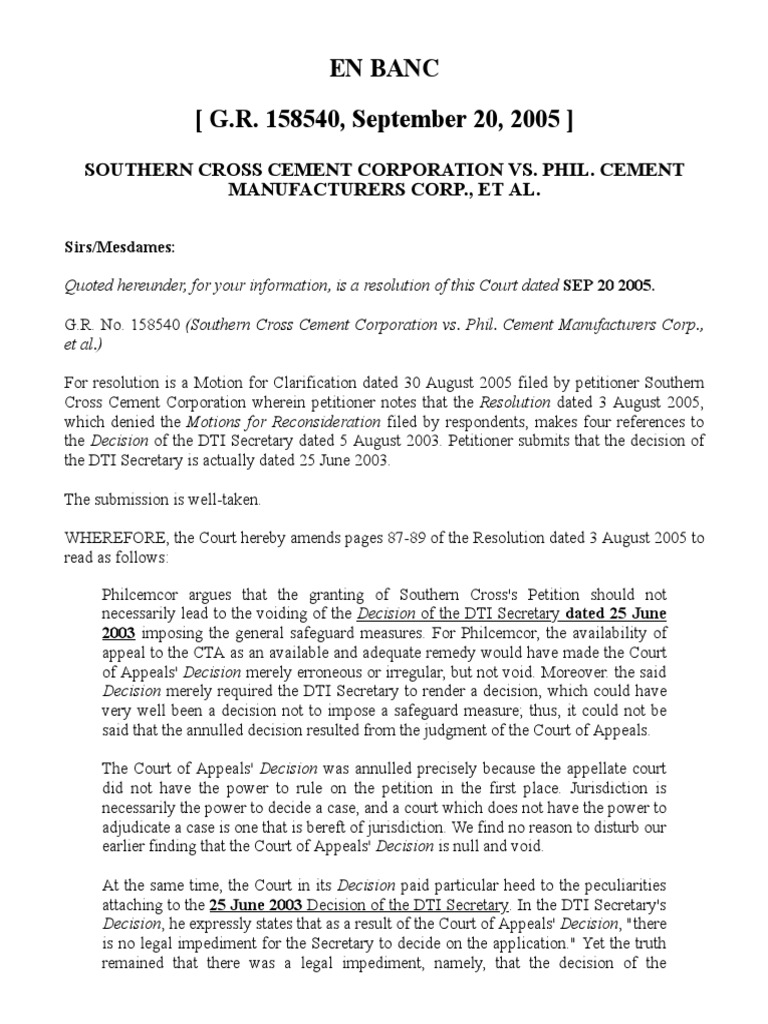 Southern Cross Cement vs. Cement Manufacturers, GR 158540 | PDF ...