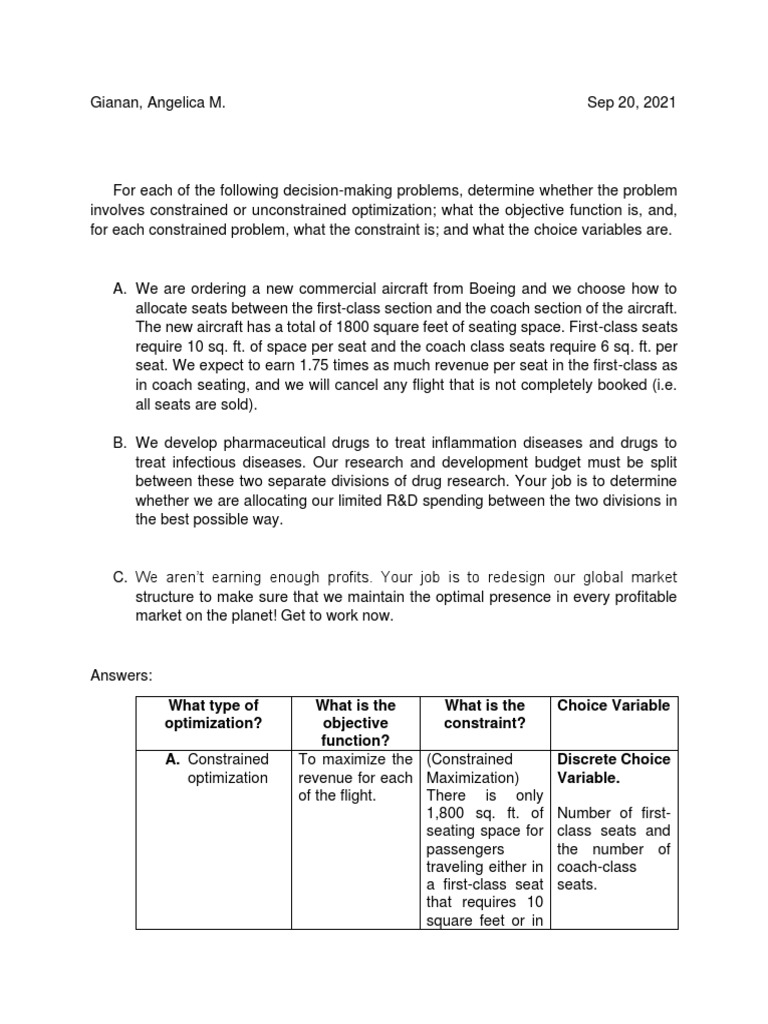 What Type of Optimization? What Is The Objective Function? What Is The ...