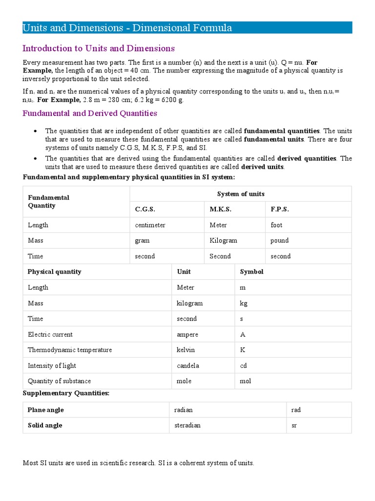 Units and Dimensions | PDF | Kilogram | International System Of Units