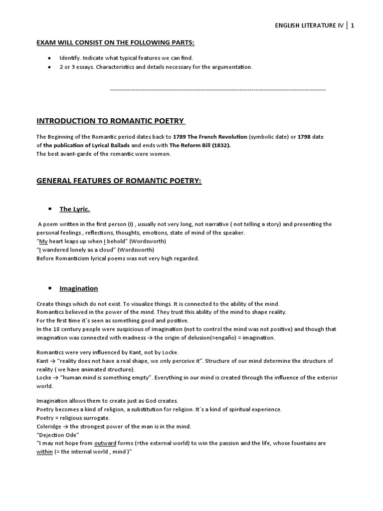 Introduction To Romantic Poetry: Exam Will Consist On The Following ...