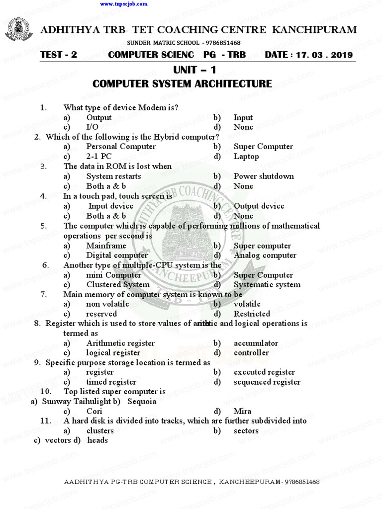 Unit - 1 Computer System Architecture: Adhithya Trb-Tet | PDF | Input/Output | Computer Data