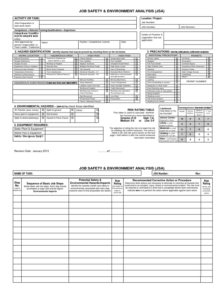 Job Safety & Environment Analysis (Jsa) : Activity or Task | PDF | Risk ...