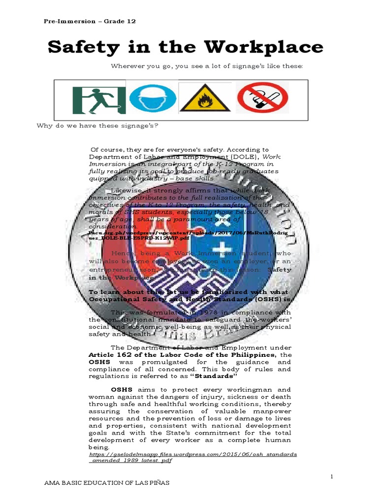 Safety in The Workplace: Pre-Immersion - Grade 12 | PDF | Occupational ...