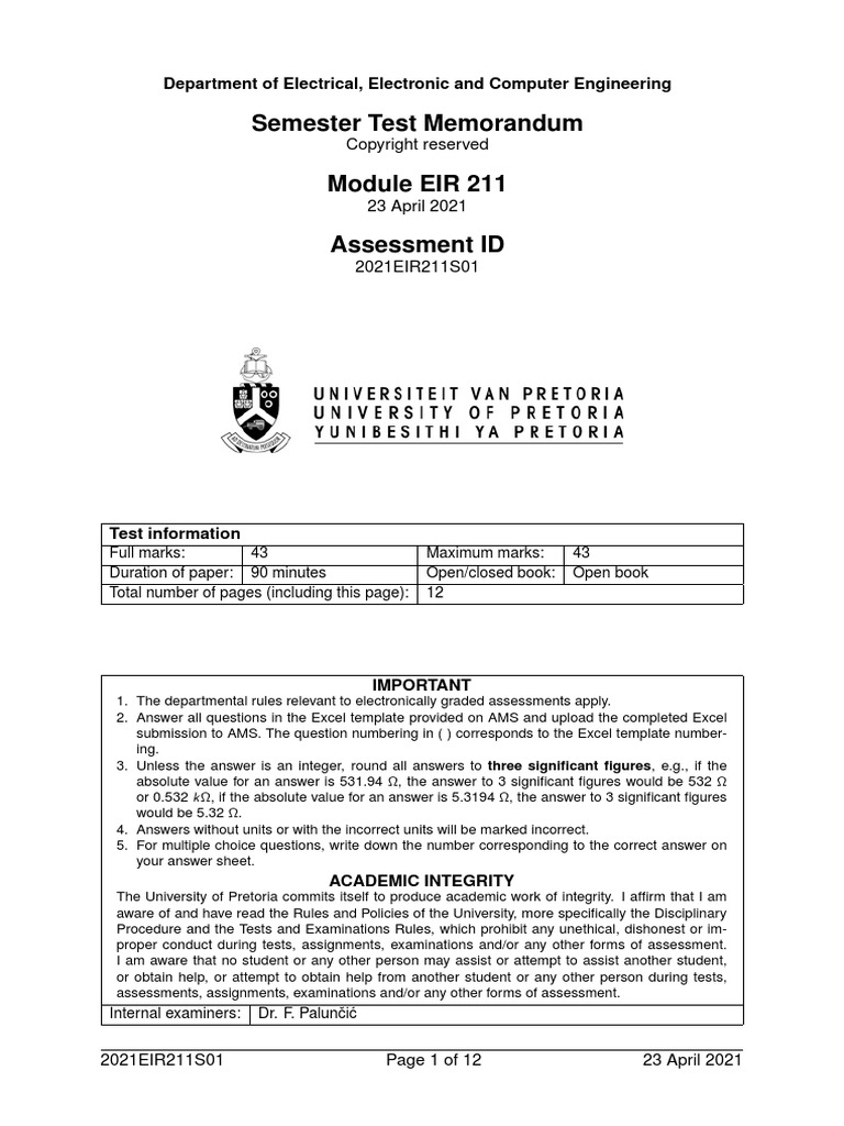 Semester Test Memorandum Module EIR 211 Assessment ID: Department of ...