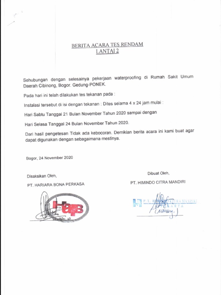 Berita Acara Tes Rendam Lantai 2 | PDF