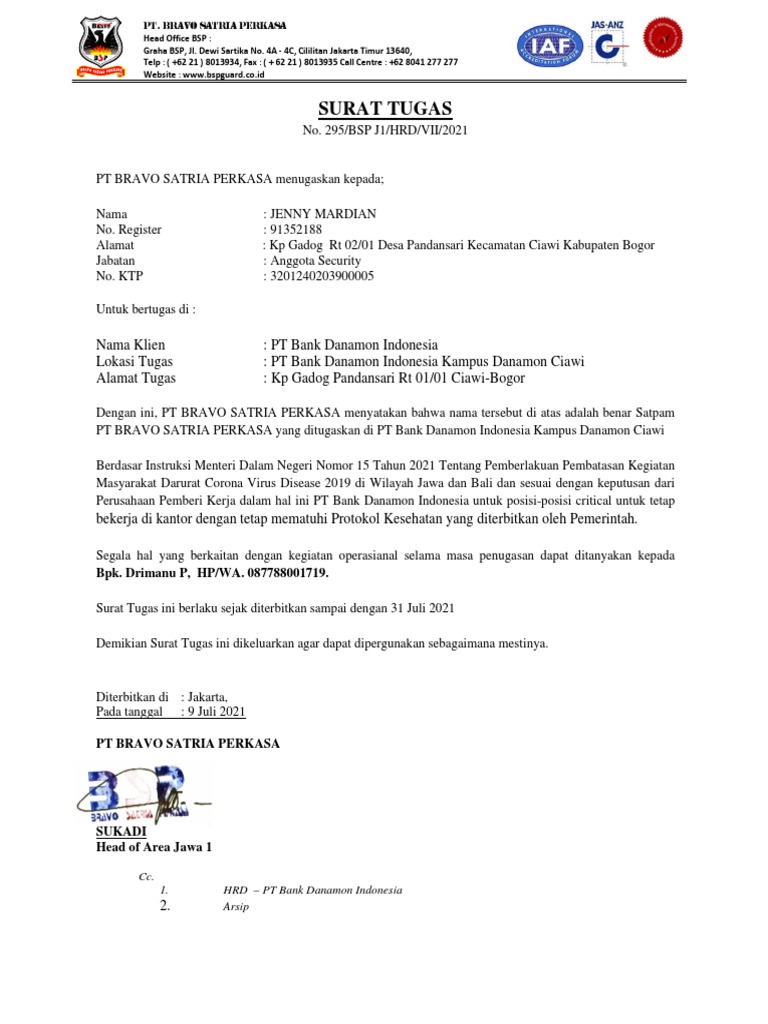 Surat Tugas Anggota Security BSP | PDF