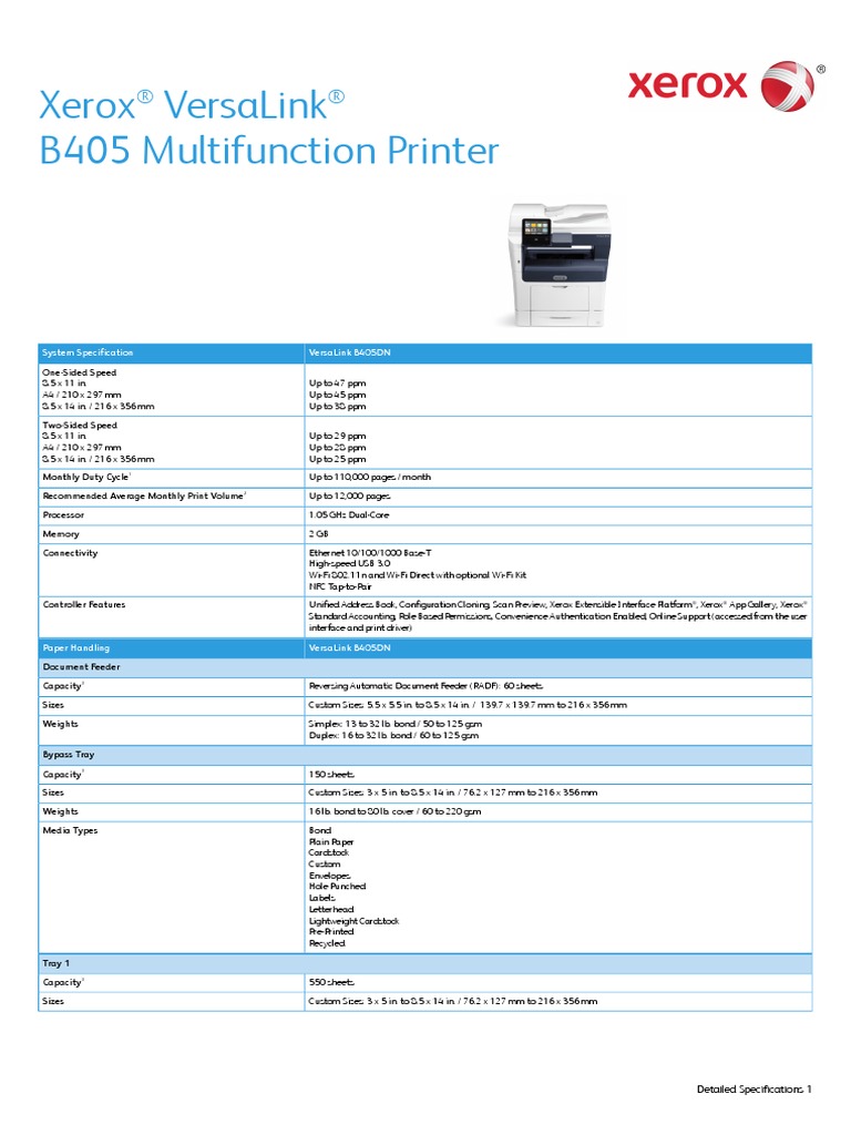 Versalink B405 - Specs Sheet | PDF | Fax | Image Scanner
