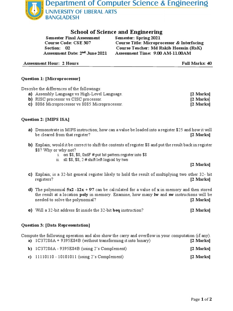CSE307 02 Final Assessment Question | PDF | Central Processing Unit | Microprocessor