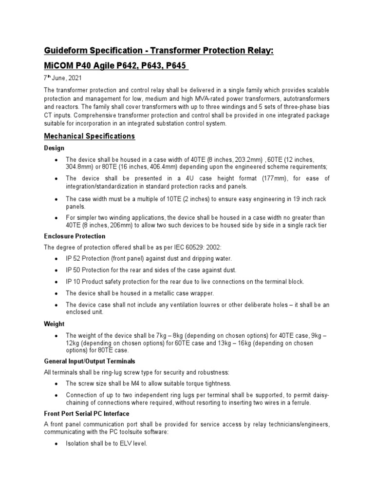 Guideform Specification - Transformer Protection Relay: Micom P40 Agile ...