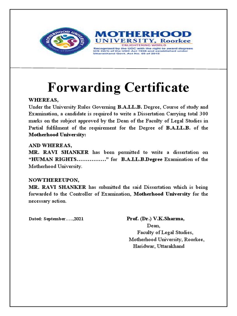 Forwarding Certificate: Dated: September ..,2021 | PDF