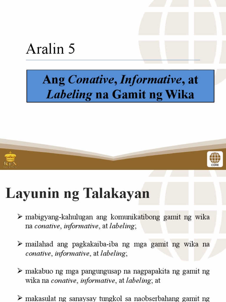 Aralin 5 Ang Conative Informative at Labeling Na Gamit NG Wika | PDF