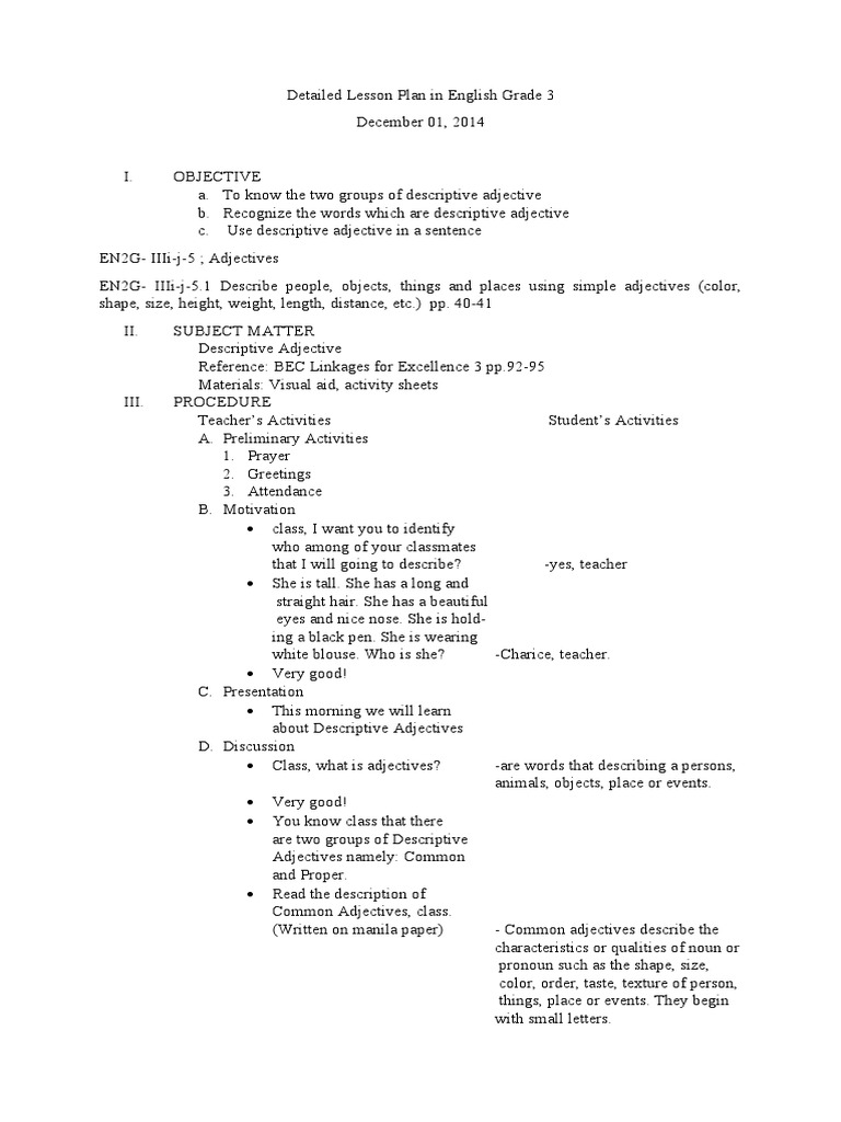 Grade 3 Lesson Plan on Adjectives | PDF | Adjective | Lesson Plan