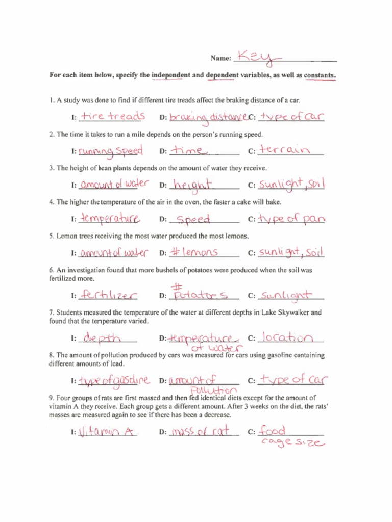ANSWER KEY Variables Review Worksheet | PDF