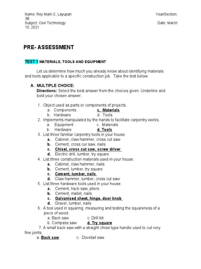 Pre-Assessment for Civil Technology | PDF | Crafts | Tools