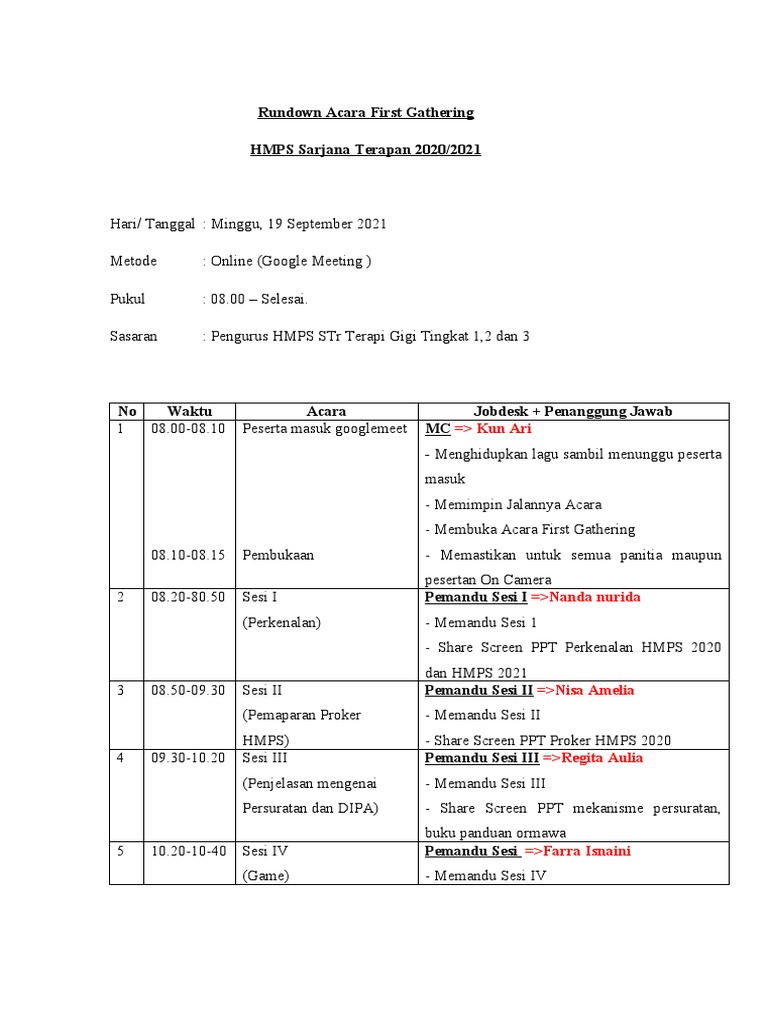 Rundown Acara Sosialisasi Program Kerja HMPS | PDF