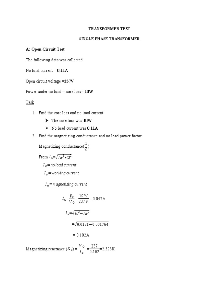 A: Open Circuit Test: Transformer Test Single Phase Transformer | PDF ...