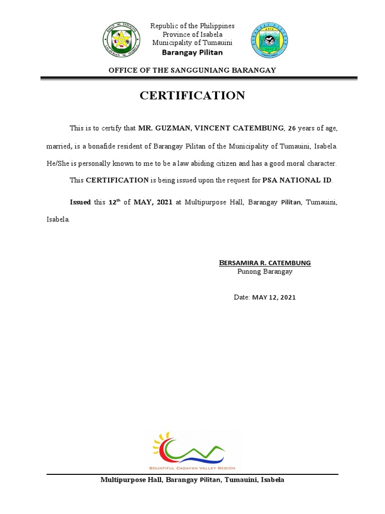 Barangay Certification for National ID | PDF