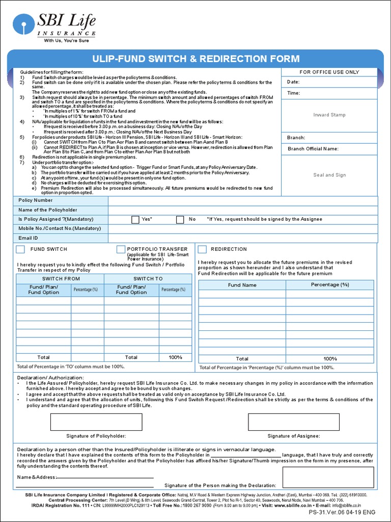 Ulip-Fund Switch & Redirection Form: Guidelines For Filling The Form ...