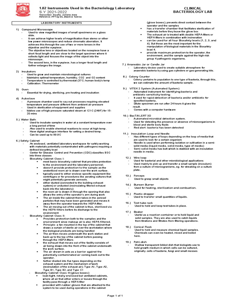 Bacteriology Lab Instruments Overview | PDF | Chemistry | Laboratories