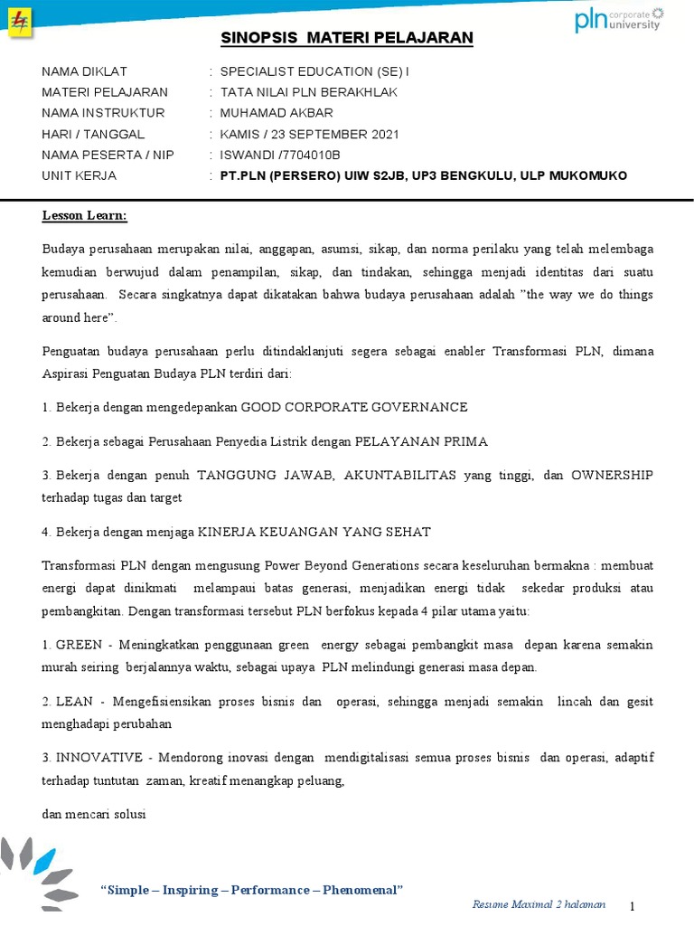 AKHLAK VALUES AND PLN'S CULTURAL TRANSFORMATION | PDF