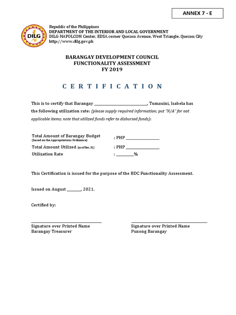 Certification - Percentage of Utilization of Allocated Budget | PDF