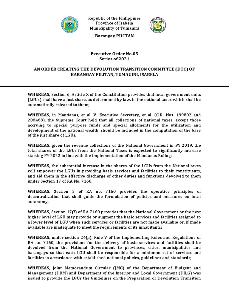 EO - Devolution Transition Committee Barangay | PDF | Local Government ...