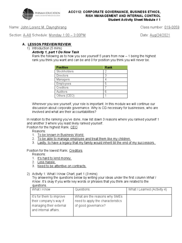 ACC112 Lesson 3 Answer | PDF | Governance | Audit