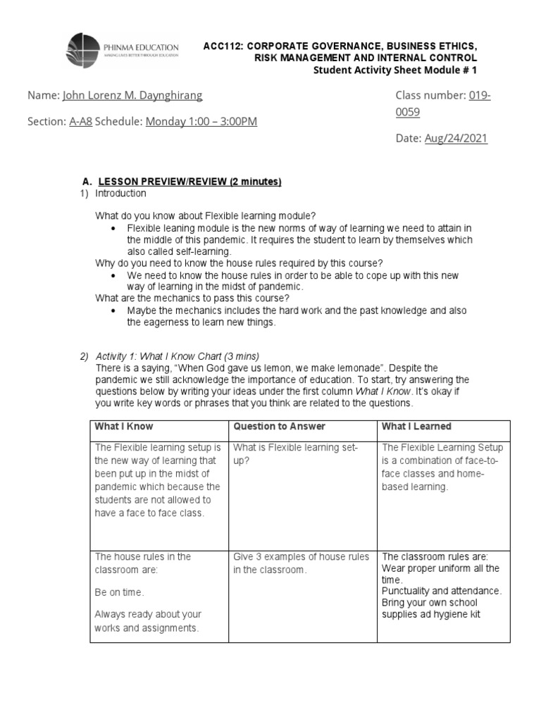 ACC112 Lesson 1 Answers | PDF | Education Theory | Cognition