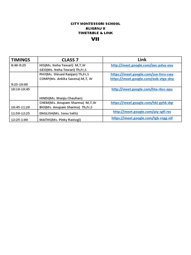 City Montessori School Aliganj Ii Timetable & Link | PDF