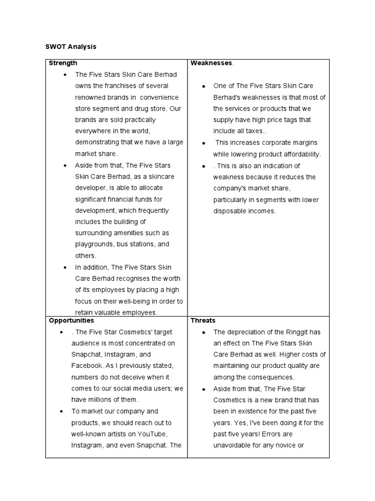 SWOT Analysis of a Skincare Company | PDF | Brand | Cosmetics