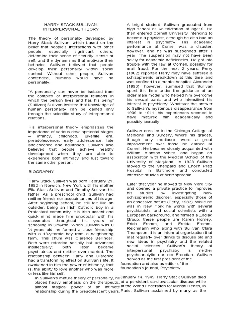 Module 9 - Harry Stack Sullivan - Interpersonal Theory | Download Free ...