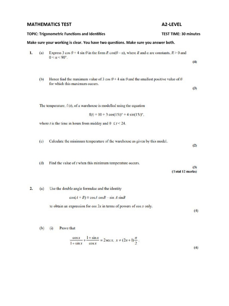 Mathematics Test A2-Level | PDF