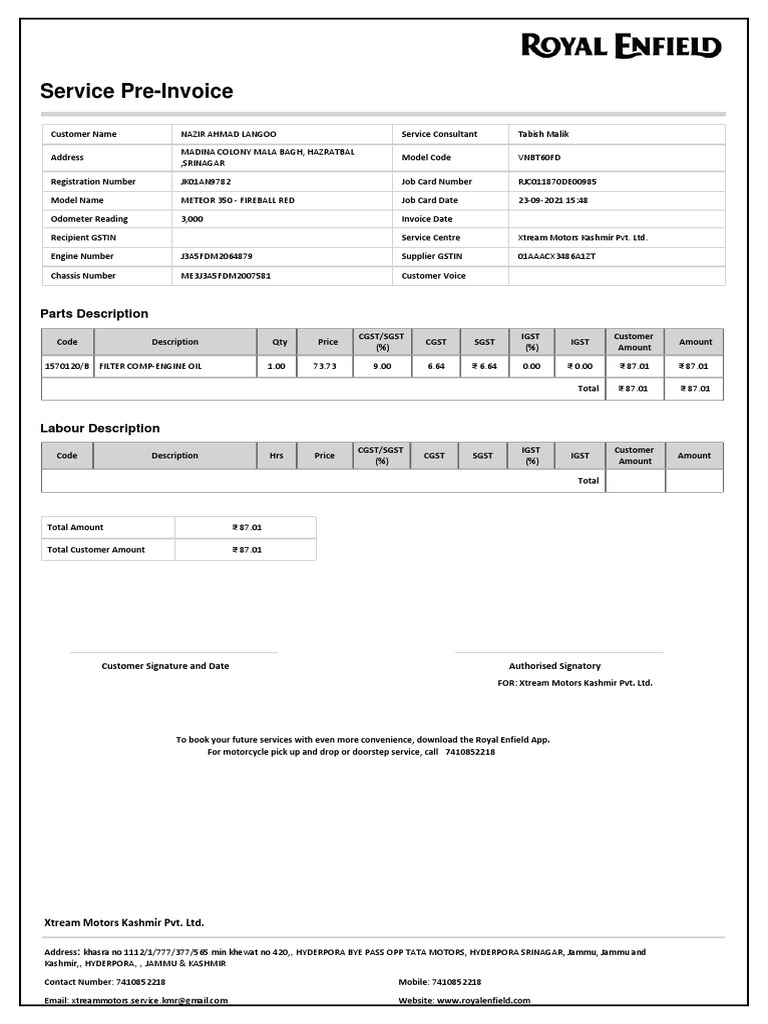 Service Pre-Invoice: Parts Description | PDF