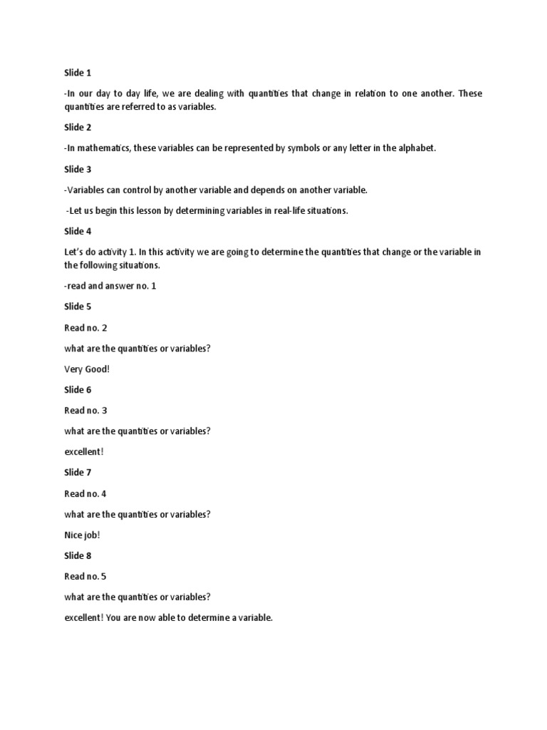 Script Video Lesson | PDF | Variable (Mathematics) | Quantity
