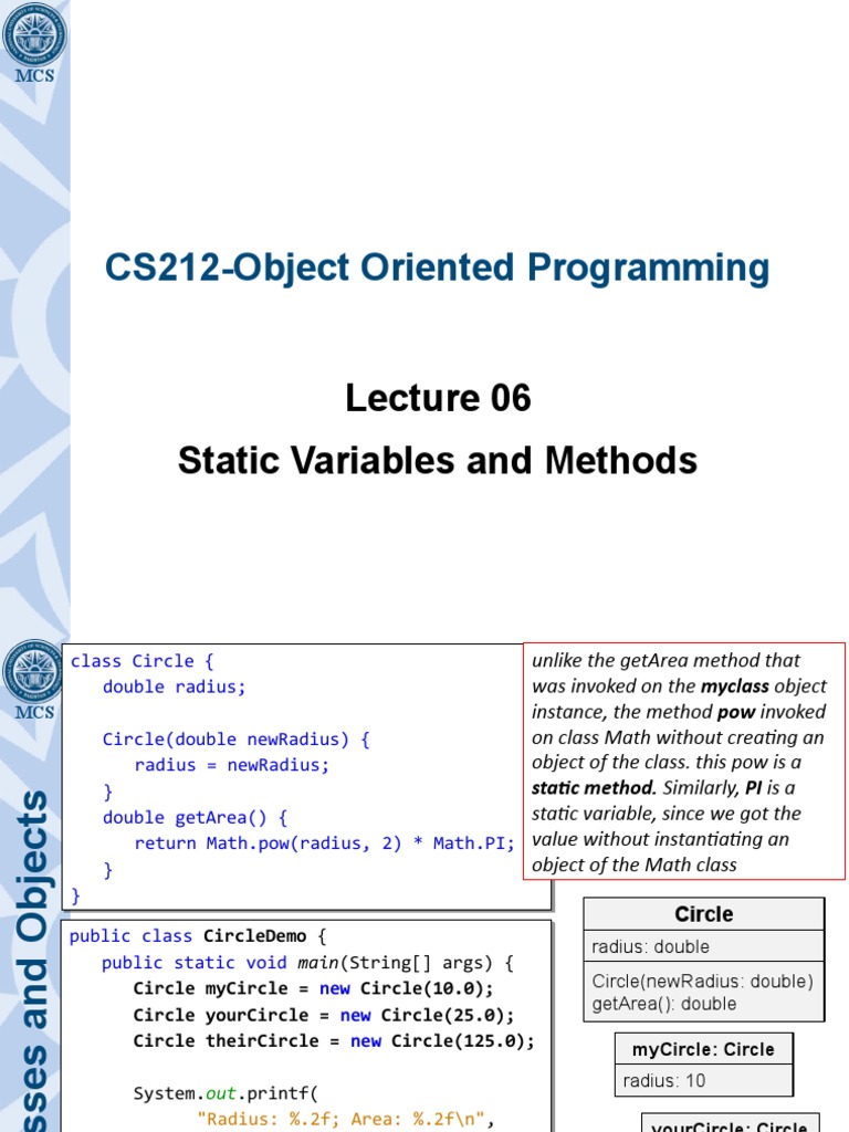 Cs212 Object Oriented Programming Static Variables And Methods Pdf Class Computer