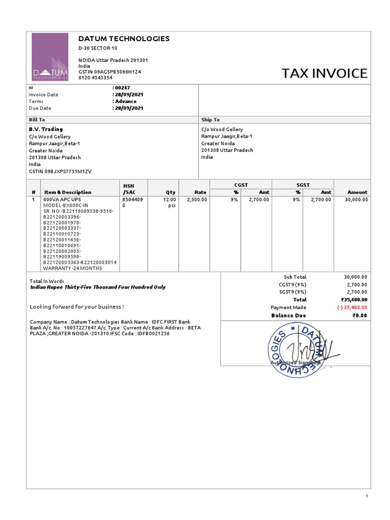 Tax Invoice: Datum Technologies | PDF | Government | Taxation
