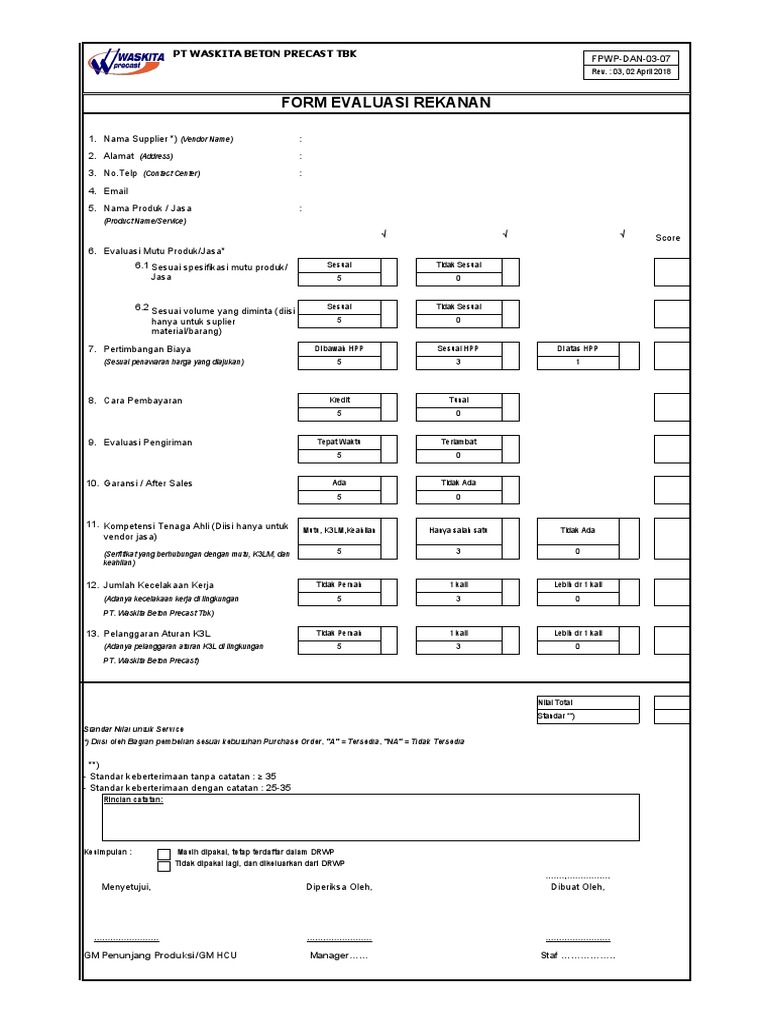 FPWP Dan 03 07 Form Evaluasi Rekanan Rev 003 | PDF FPWP Dan 03 07 Form Evaluasi Rekanan Rev 003 | PDF