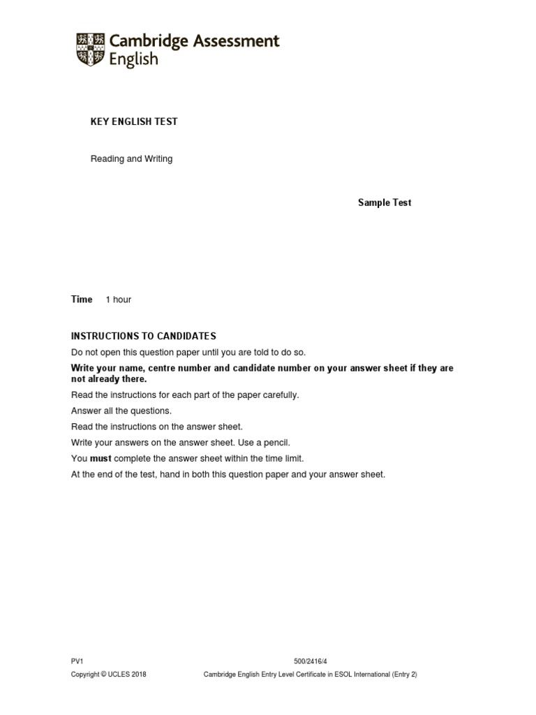 A2 Key 2020 Sample Tests Reading And Writing Question Paper Merged