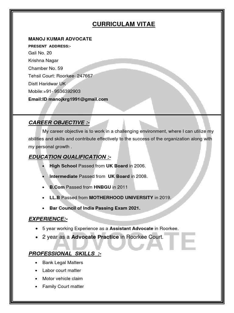Curriculum Vitae of Manoj Kumar, Advocate Based in Roorkee, Uttarakhand ...