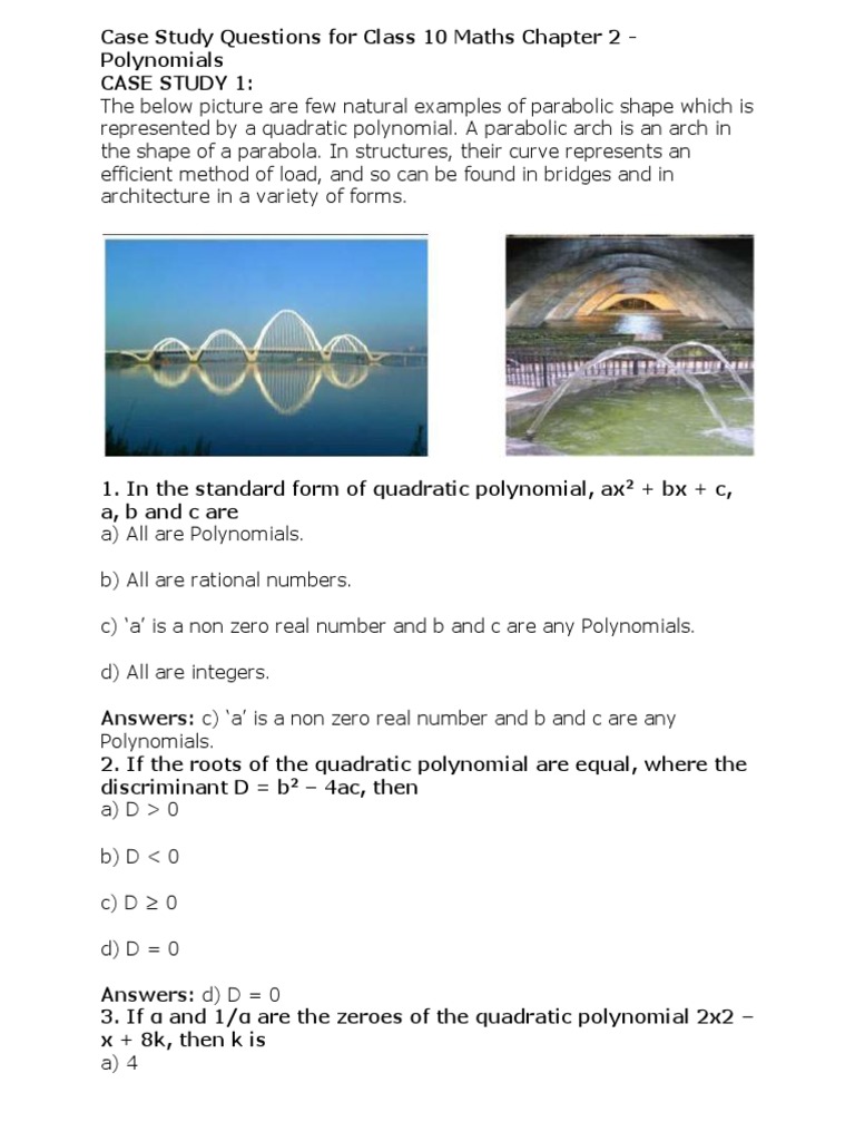 Case Study Questions for Class 10 Maths Chapter 2 - Polynomials | PDF | Polynomial | Mathematics