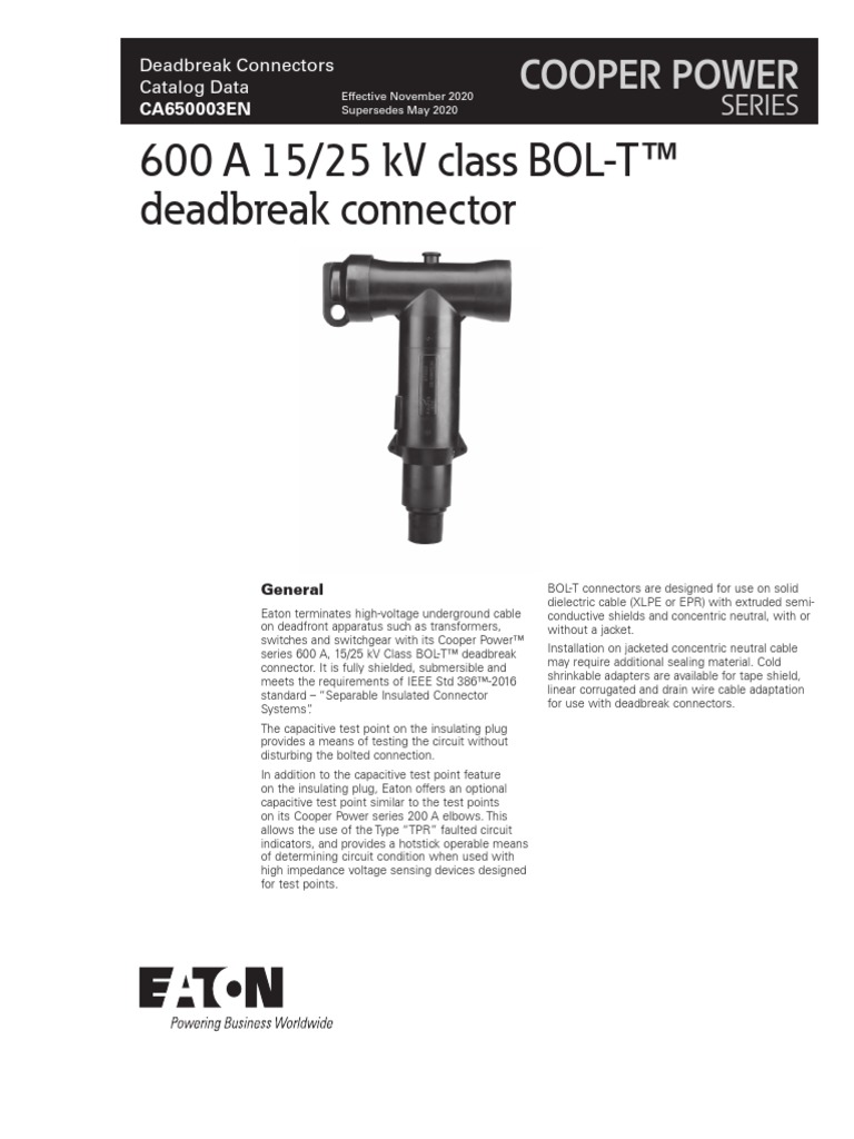 600a 15 25kv Class Bol T Deadbreak Connector Catalog Ca650003en | PDF ...